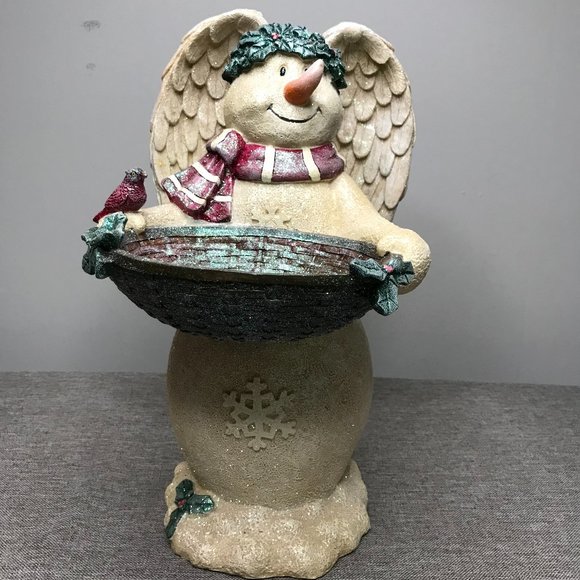 Holiday | Smiling Snowman Angel Holding Basket 14 Statue Figure ...